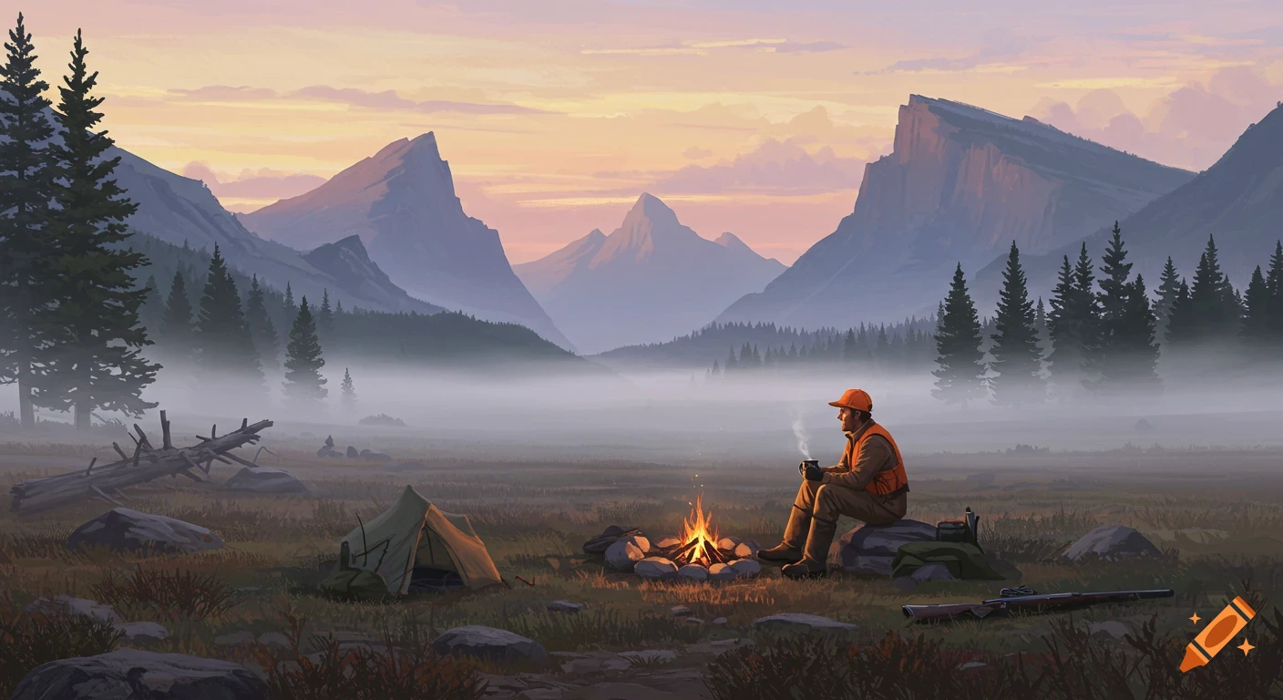 A hunter sits by a campfire with a mug in a misty valley at sunrise ...