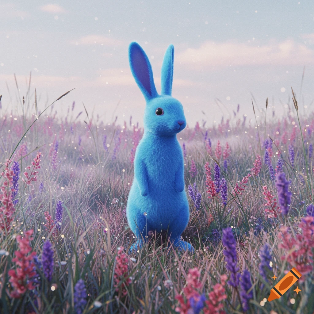 A fluffy blue rabbit stands in a field of vibrant purple and pink ...