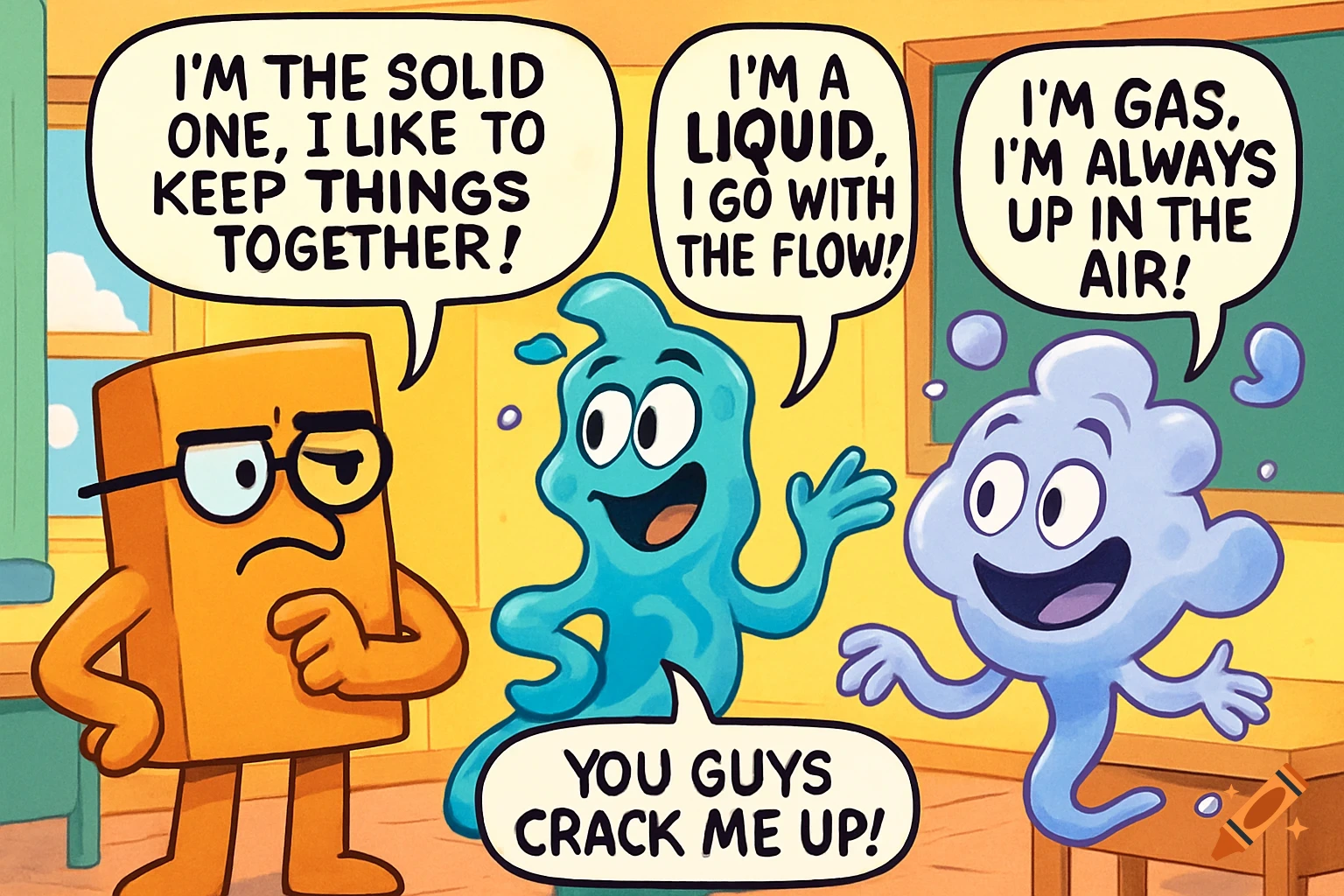 A cartoon comic showing three characters, Solid, Liquid, and Gas ...