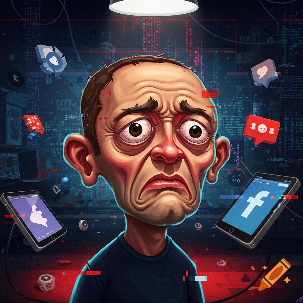 Stylized illustration of a distressed man with wide, bloodshot eyes ...