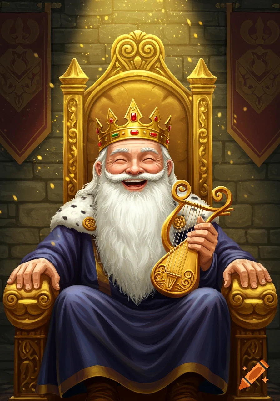 A happy, ancient king with a white beard sits on a golden throne ...