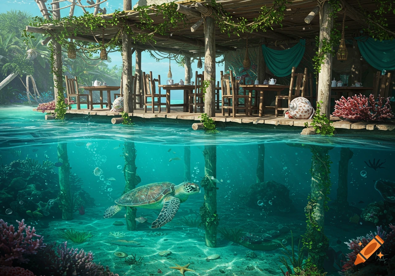 An overwater cafe with a thatched roof and wooden furniture, sitting ...