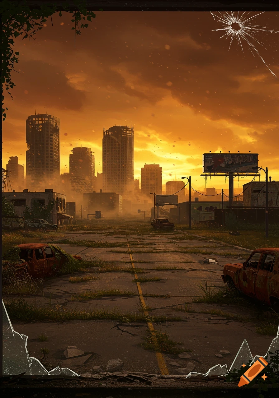 A wide-angle view of a post-apocalyptic city with destroyed buildings ...