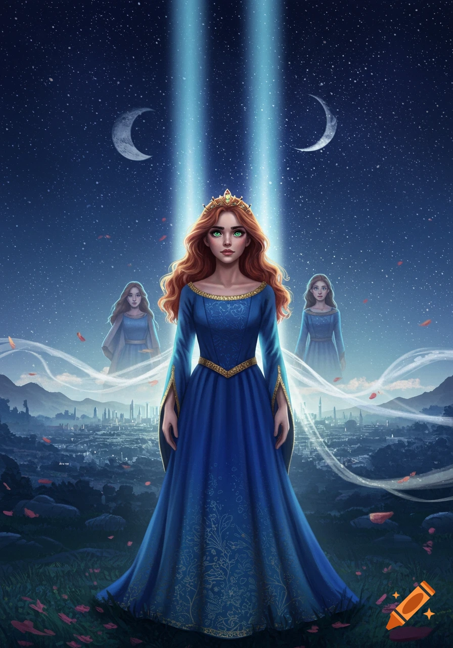 A red-haired princess in a blue gown and crown stands under a starry ...
