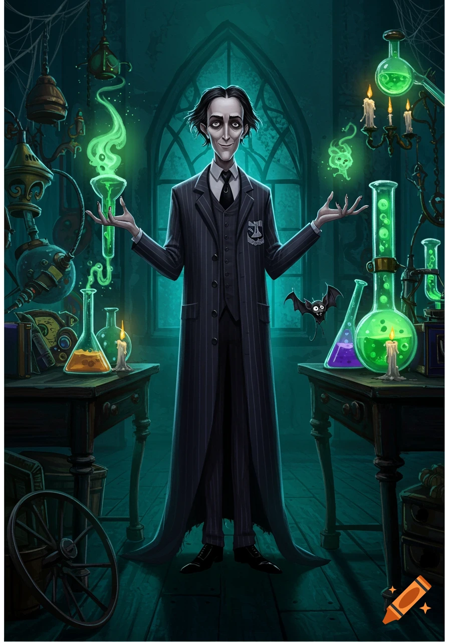 A cartoon-style pale man with black hair, resembling Gomez Addams ...