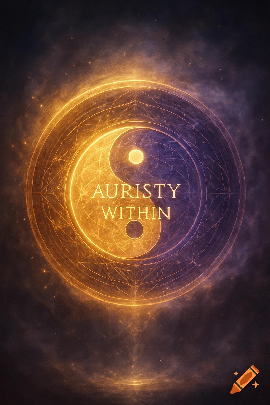 A glowing golden and amethyst circular symbol with a yin-yang, sacred ...