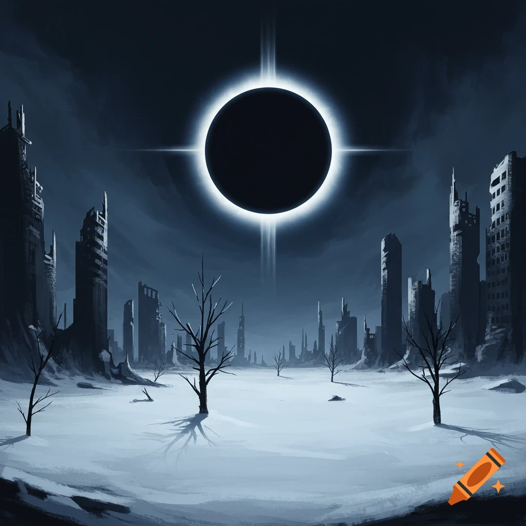 A dark, dystopian digital painting of a ruined city covered in snow ...