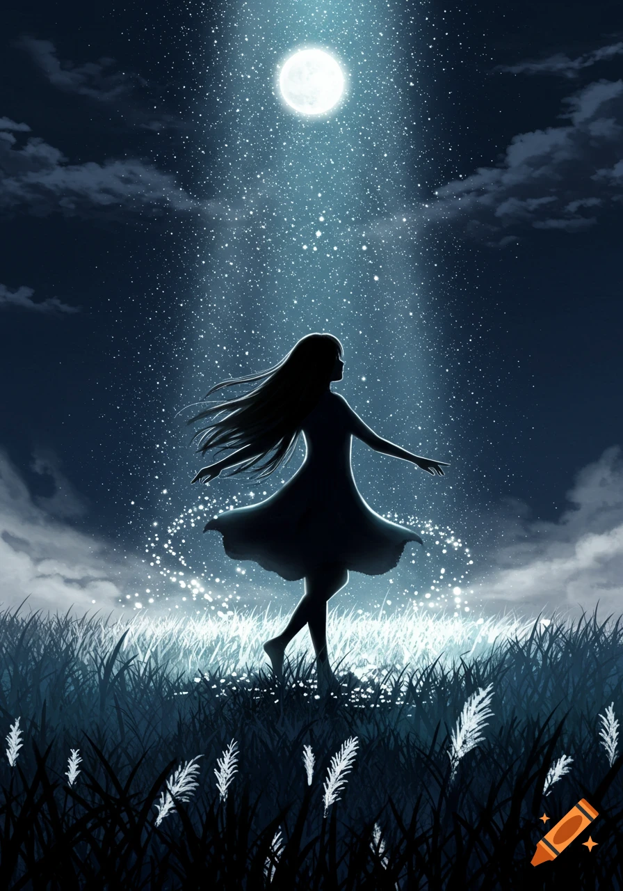 Stylized illustration of a woman's silhouette weaving shimmering ...