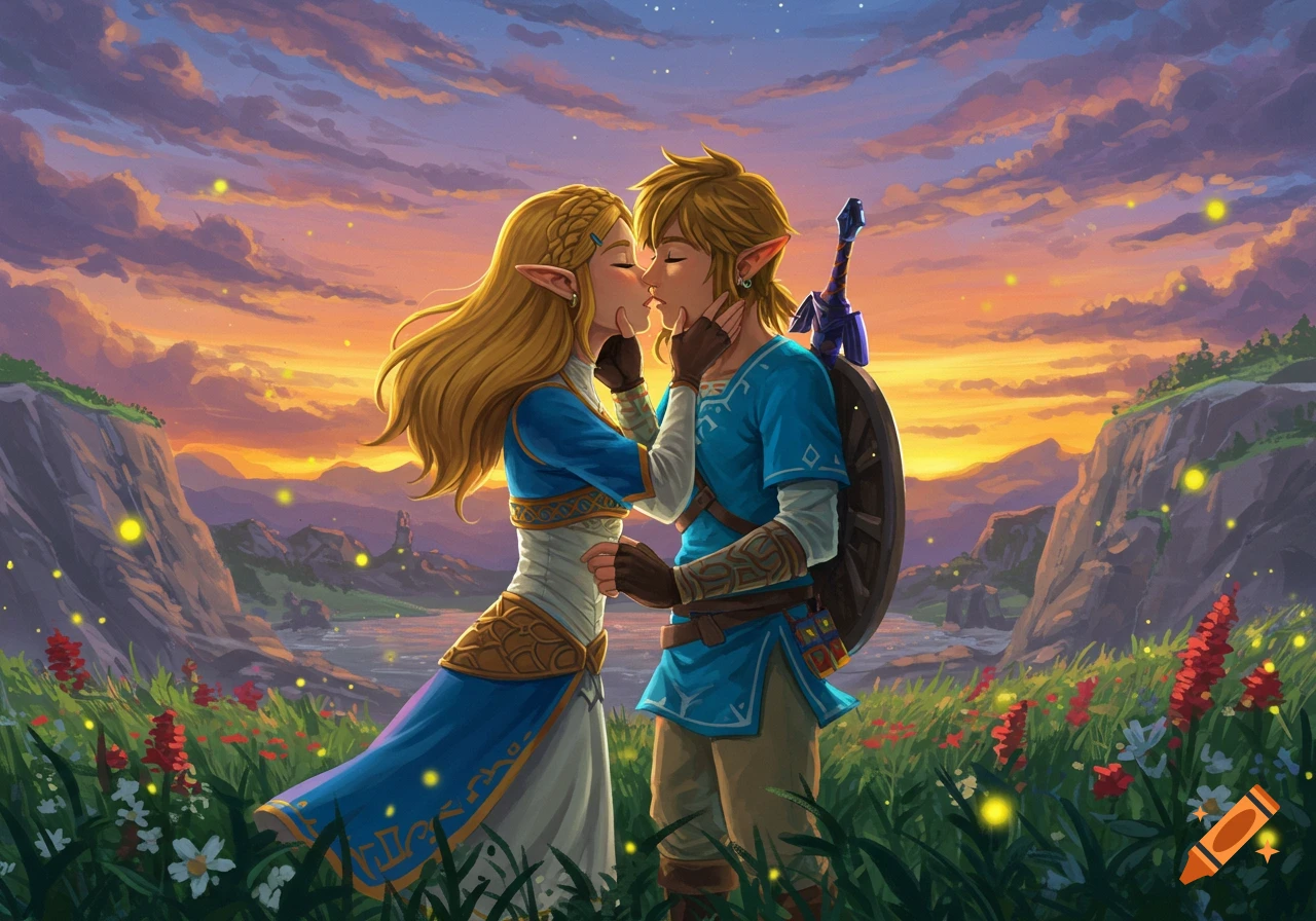 Zelda and Link kissing in a field of fireflies at sunset, in the style ...