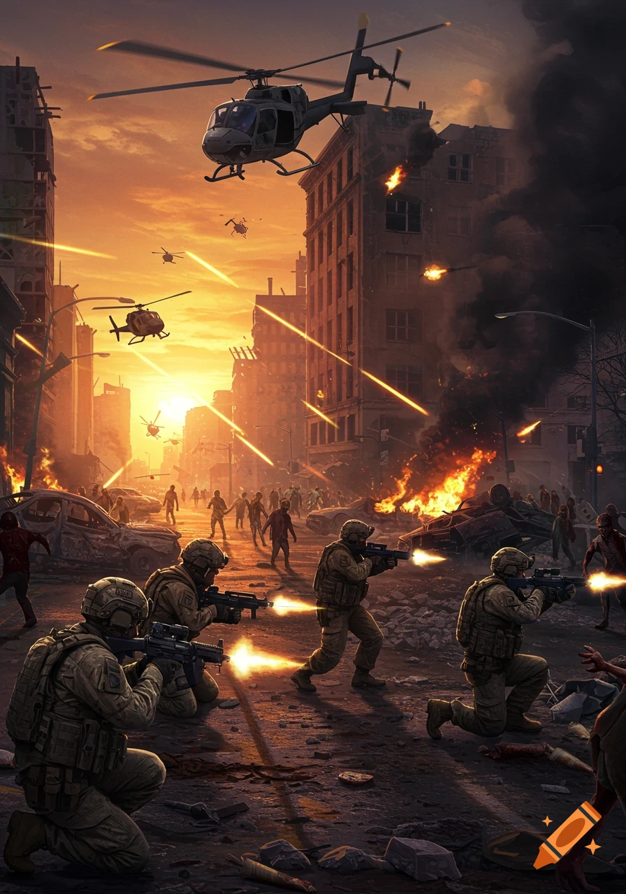 US National Guard soldiers fight zombies in a burning, destroyed city ...