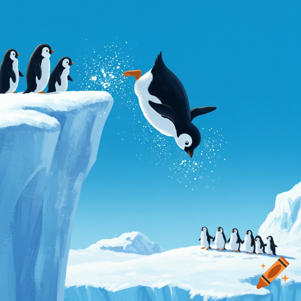 A cartoon penguin jumps from a snowy cliff, kicking up snow, while ...
