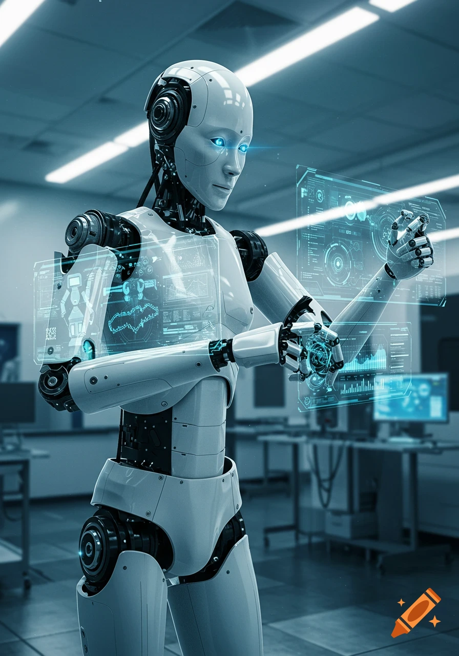 A humanoid robot with glowing blue eyes interacts with holographic data ...