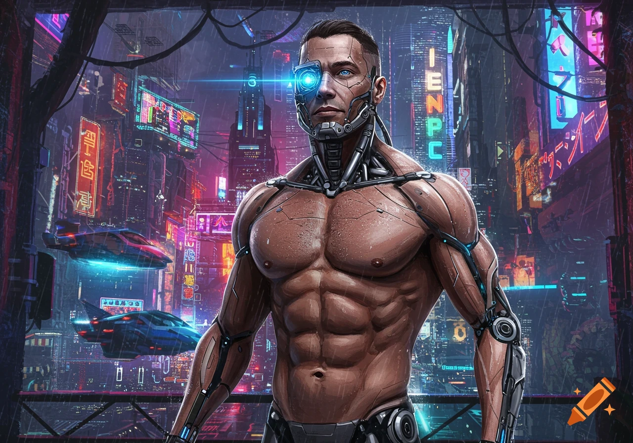 A muscular cybernetic man with a glowing blue cybereye stands in a neon ...