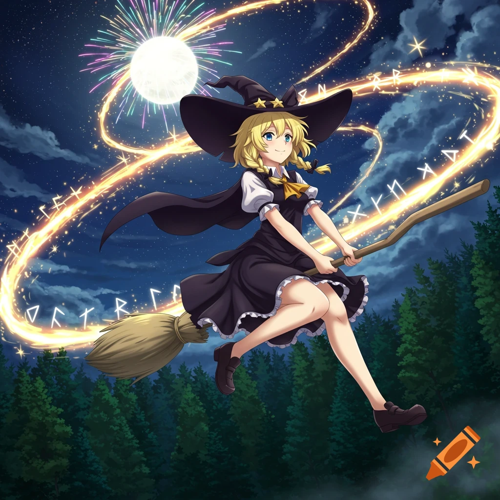 An anime-style witch with black hair and a purple hat flies on a ...