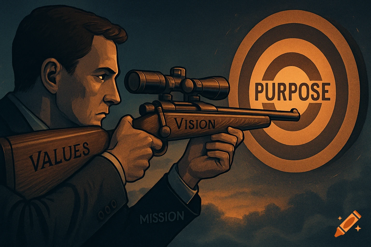 A man in a suit aims a rifle labeled "VALUES" and "VISION" at a target ...
