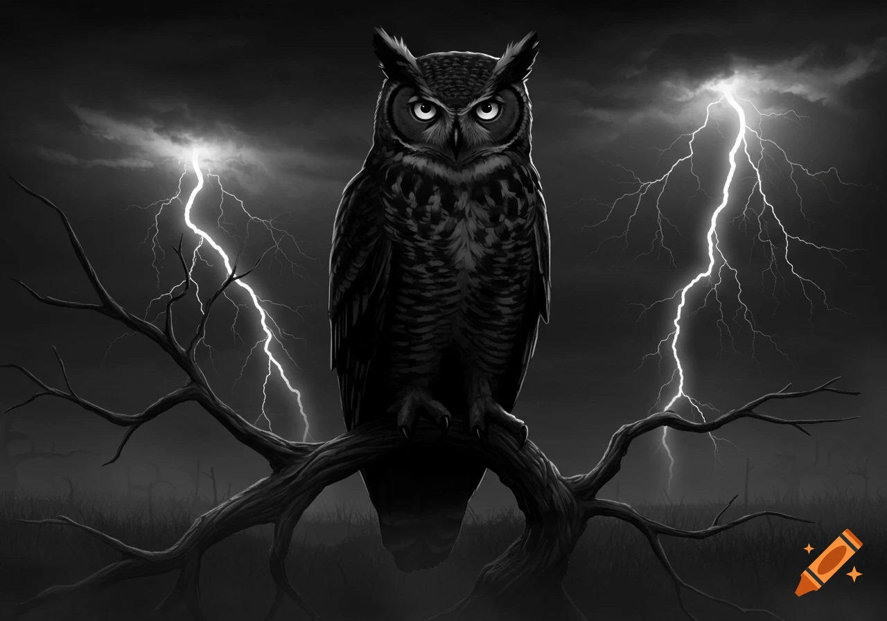 A black and white Great Horned Owl with piercing eyes perches on a ...