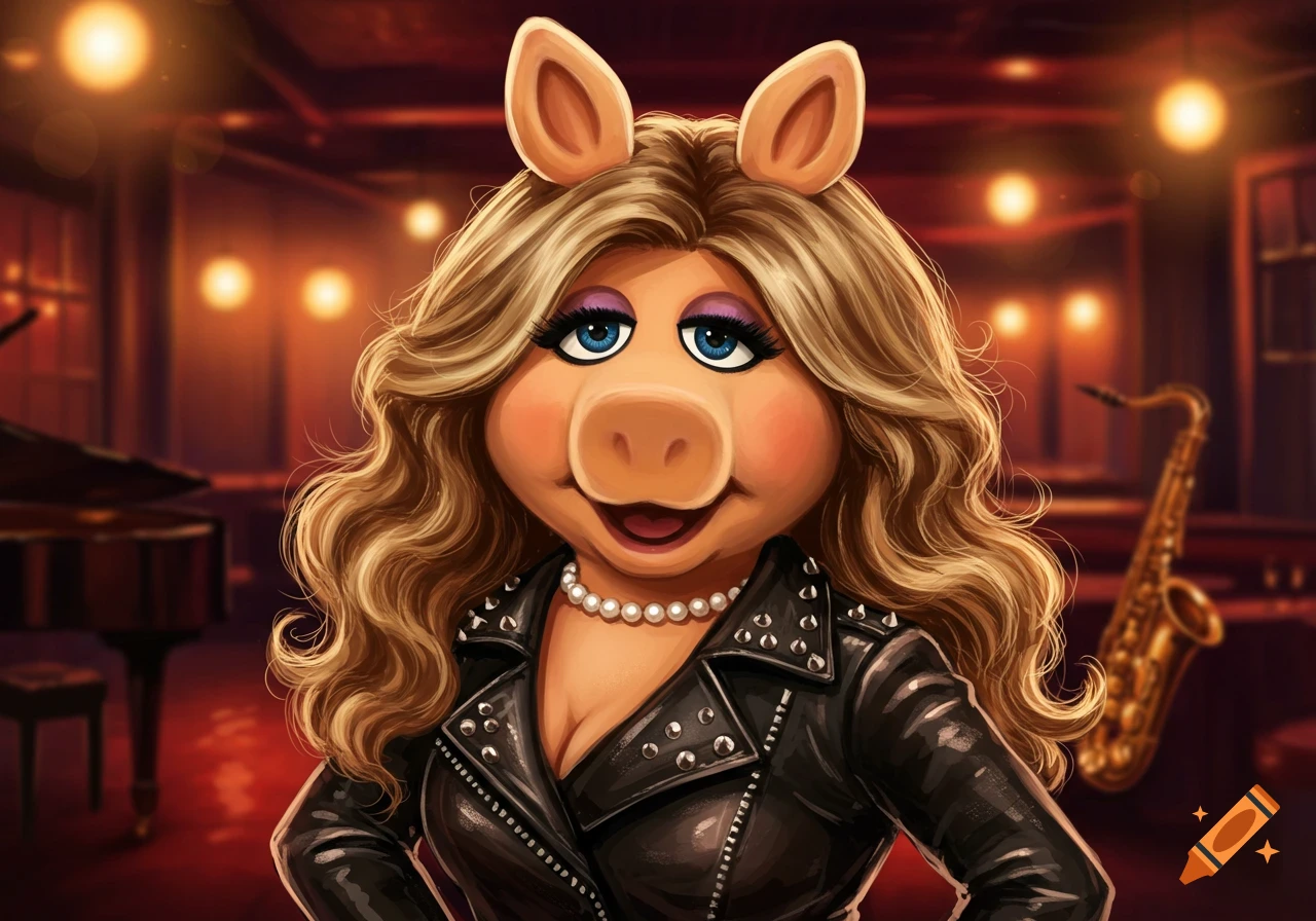 Miss Piggy with long brown hair, wearing a black studded leather jacket ...