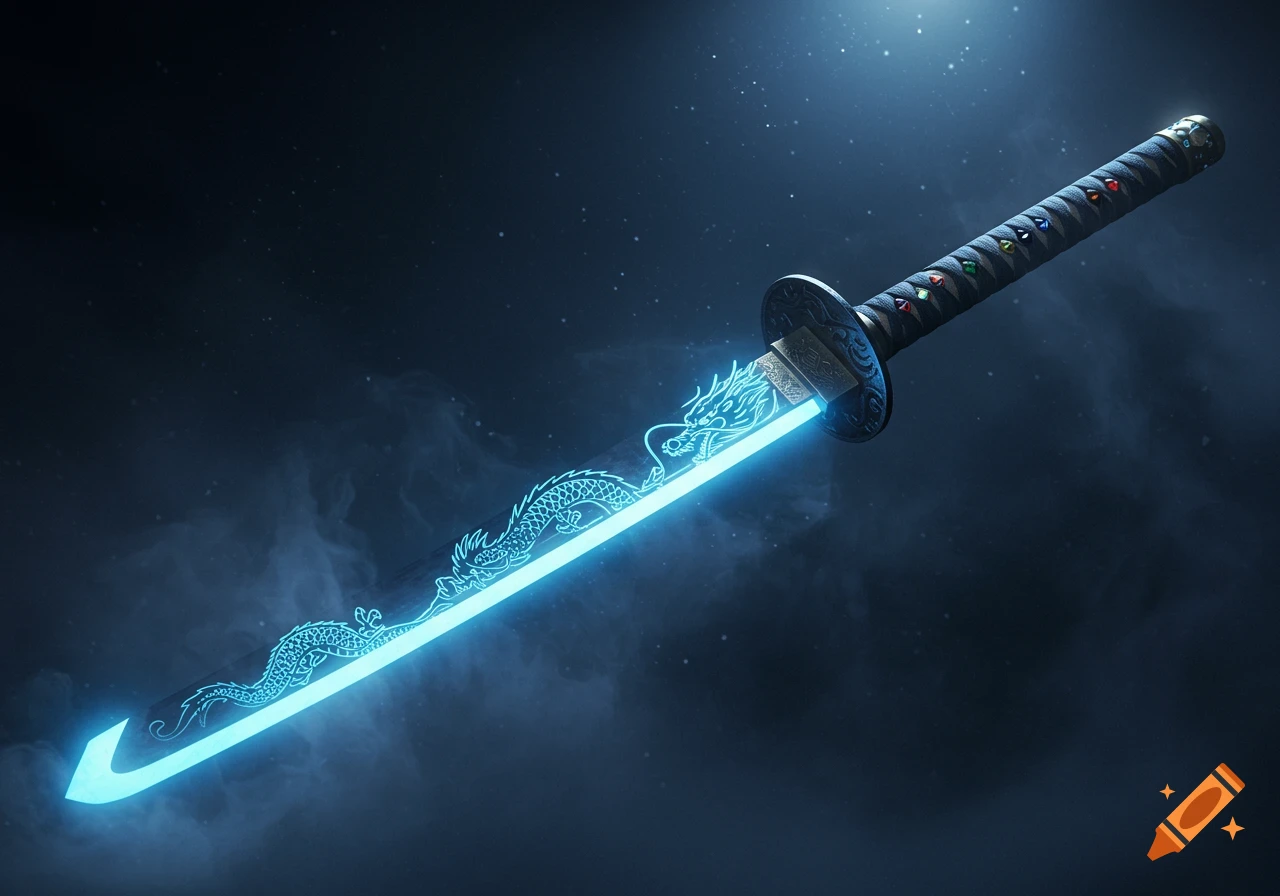 A glowing magical short sword encrusted with vivid red coral along the ...