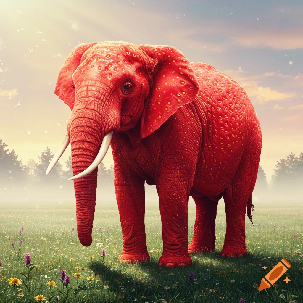 A large red elephant with strawberry-like skin stands in a green meadow ...