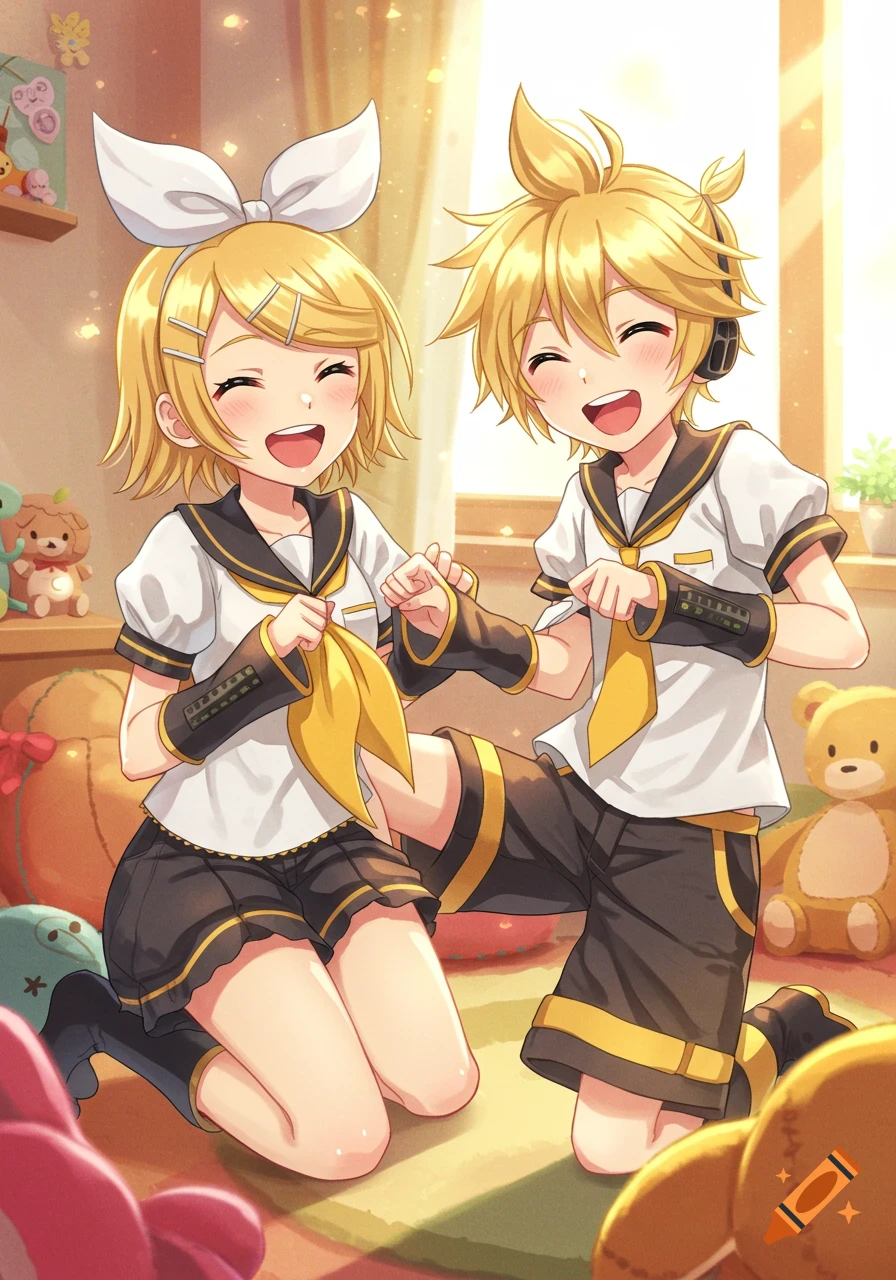 Two happy anime children with blonde hair and sailor outfits tickle ...