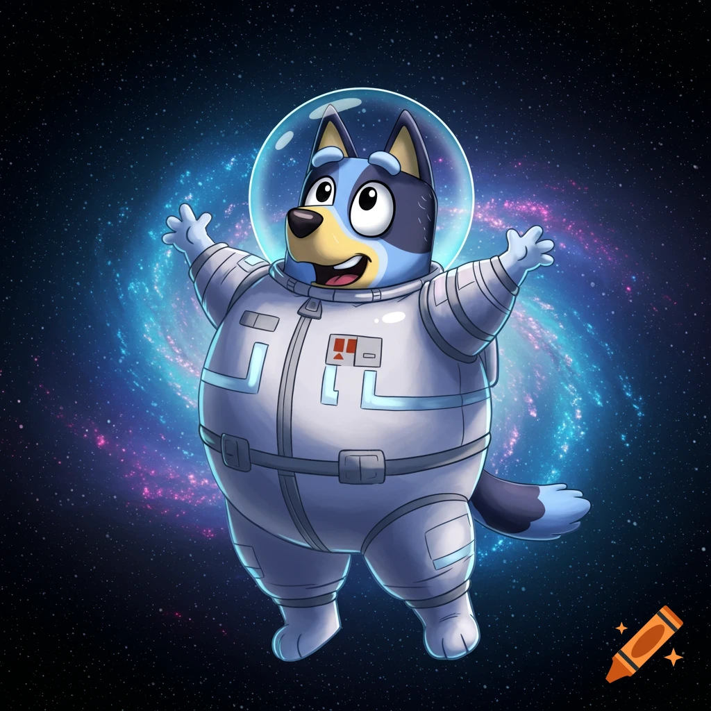 A cartoon Bluey character in a white spacesuit floats in a starry ...