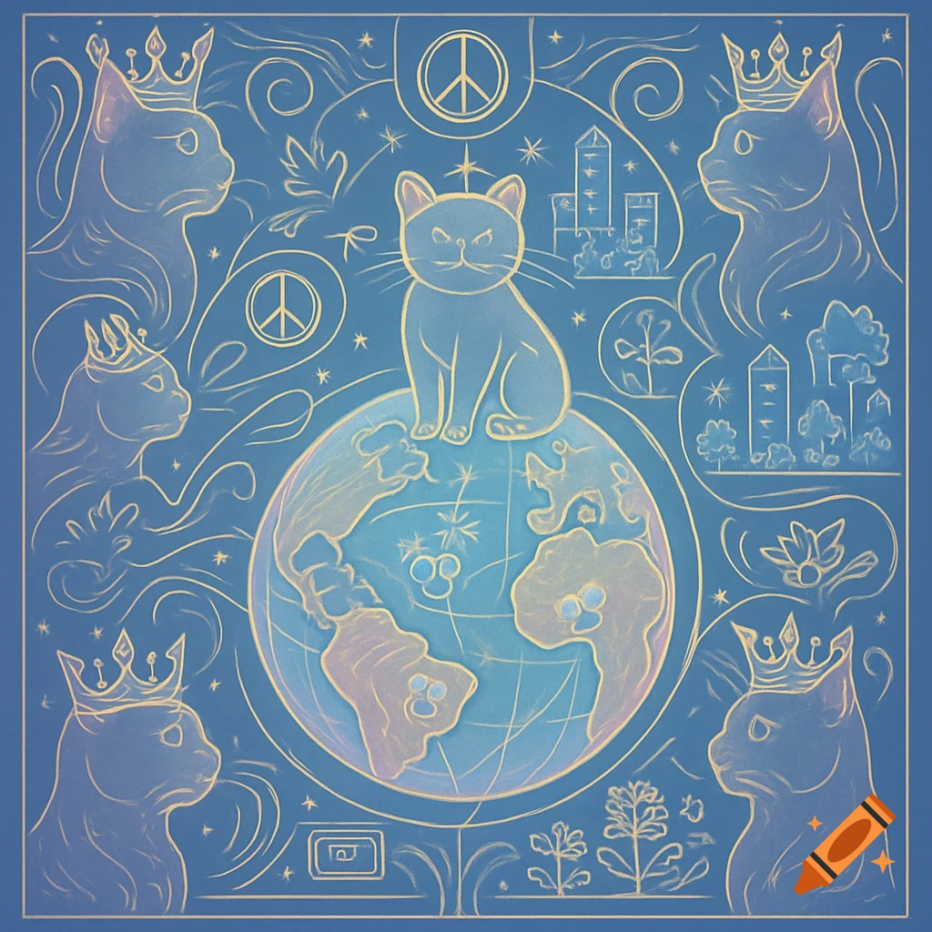 A stylized blue illustration shows a cat sitting on Earth, surrounded ...