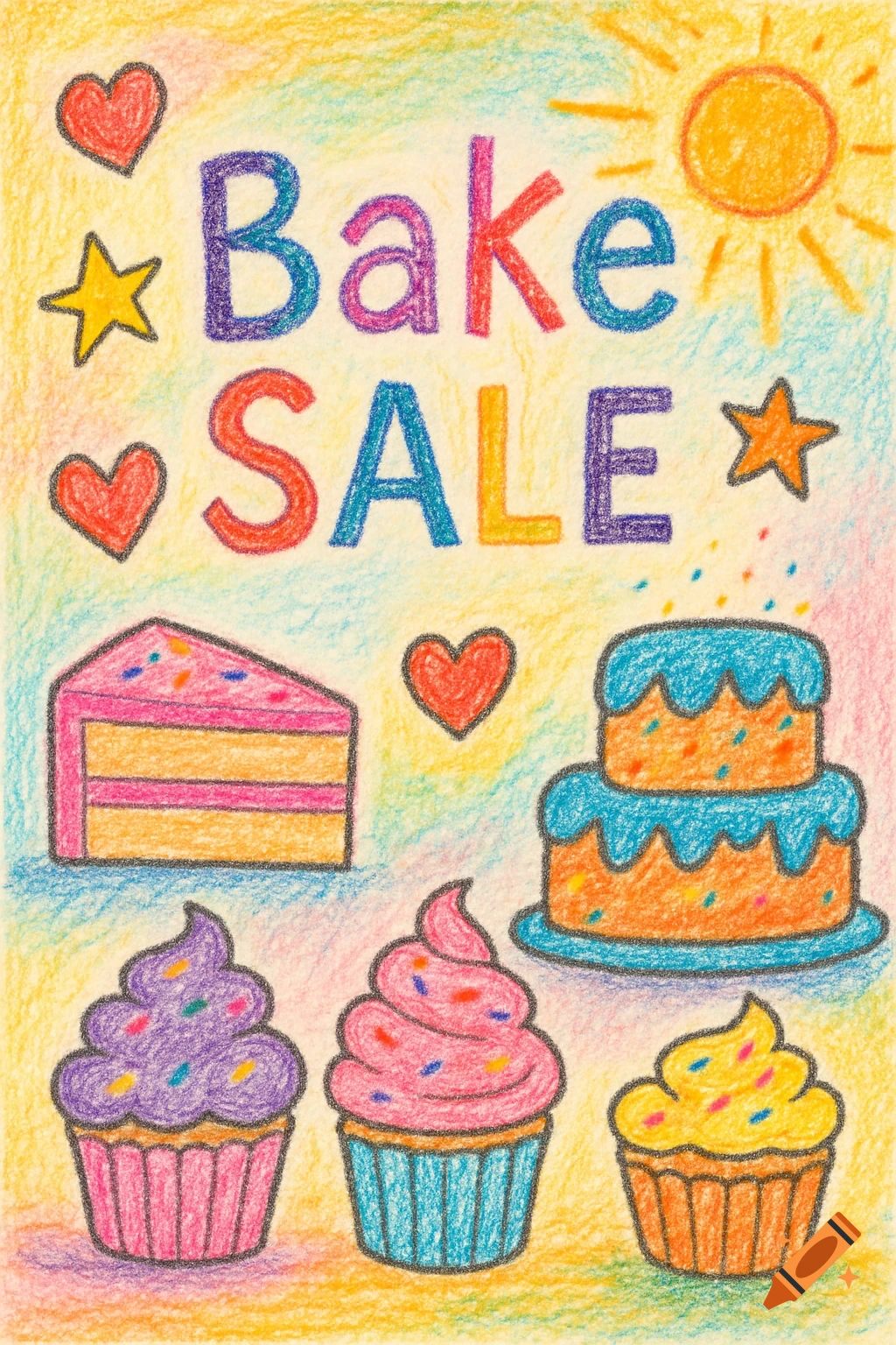 Colorful crayon drawing of a 'Bake SALE' poster featuring a slice of ...
