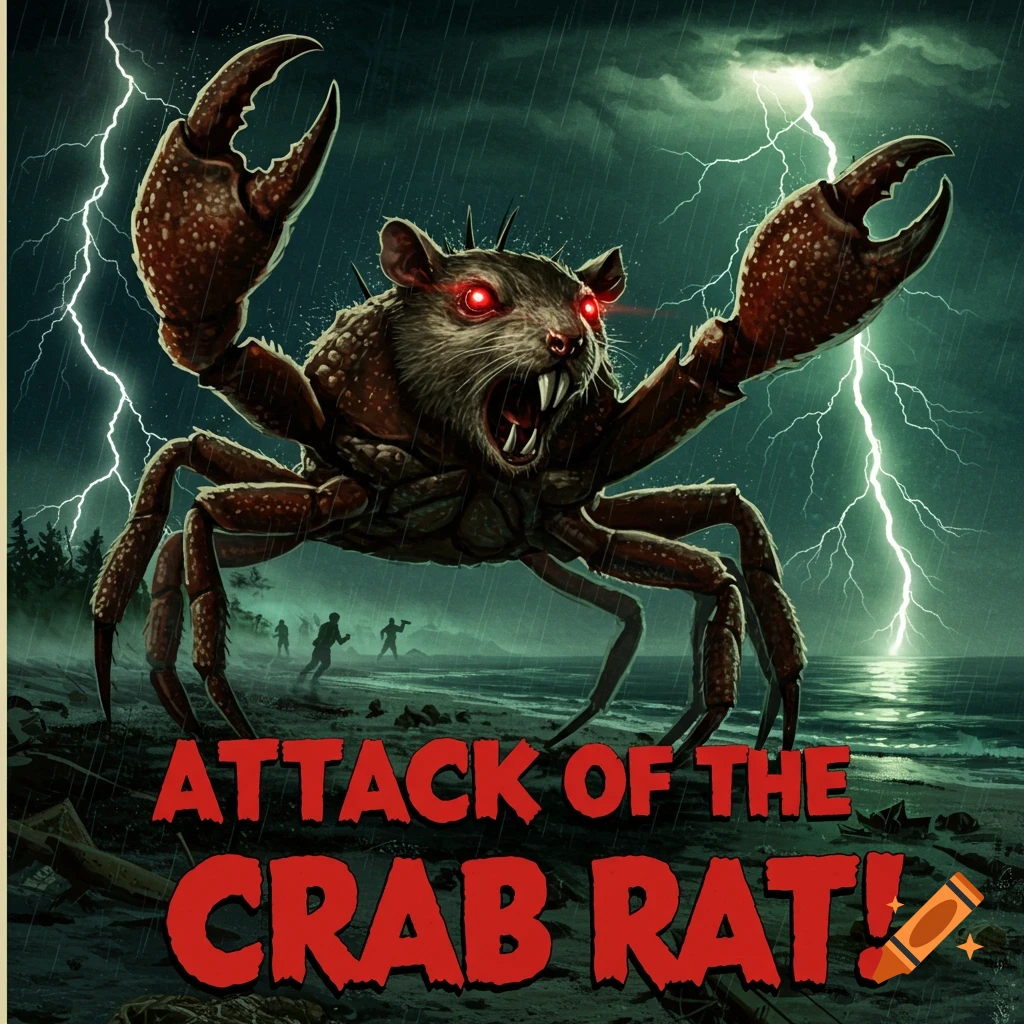 A giant crab-rat monster roars on a stormy beach with lightning as ...