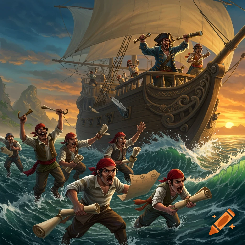 A vibrant illustration of a pirate captain on a ship with his crew ...