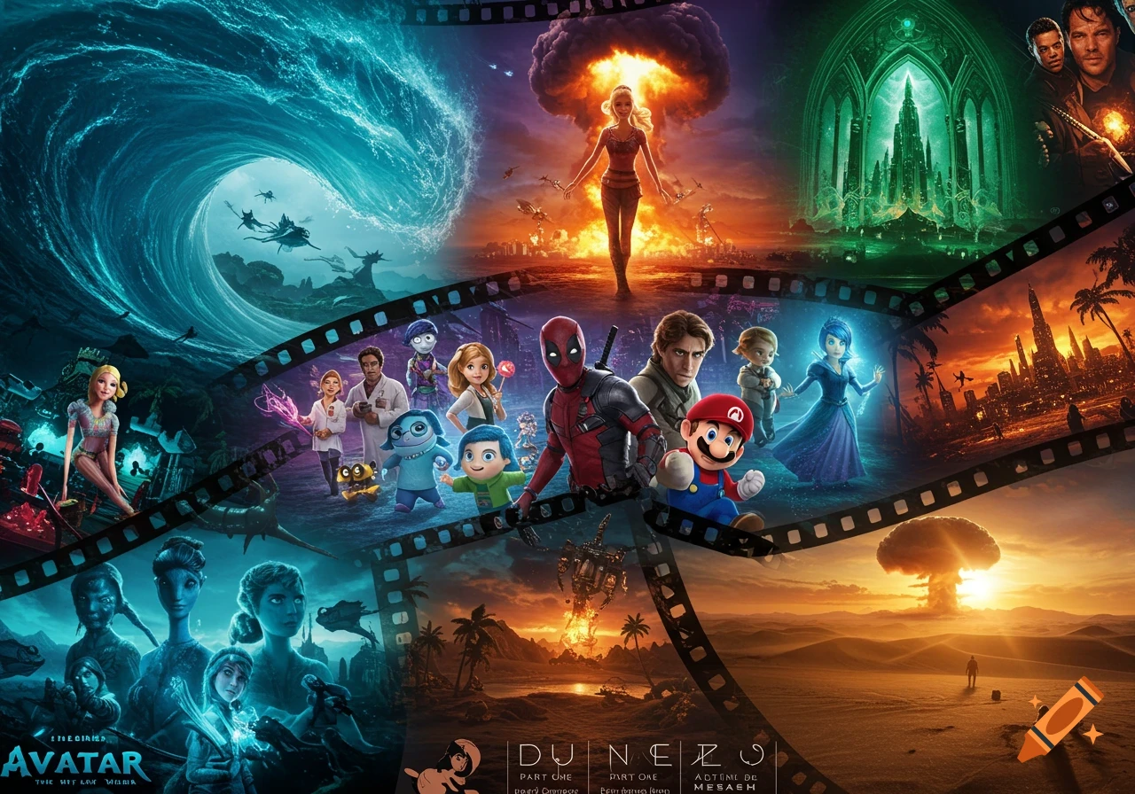 A movie poster collage with film strips separating scenes and ...