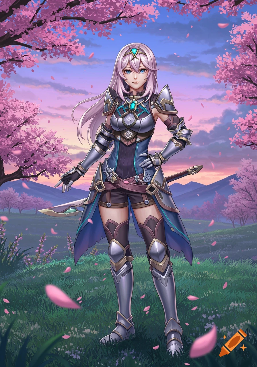 Anime illustration of a light-haired female fantasy warrior in silver ...