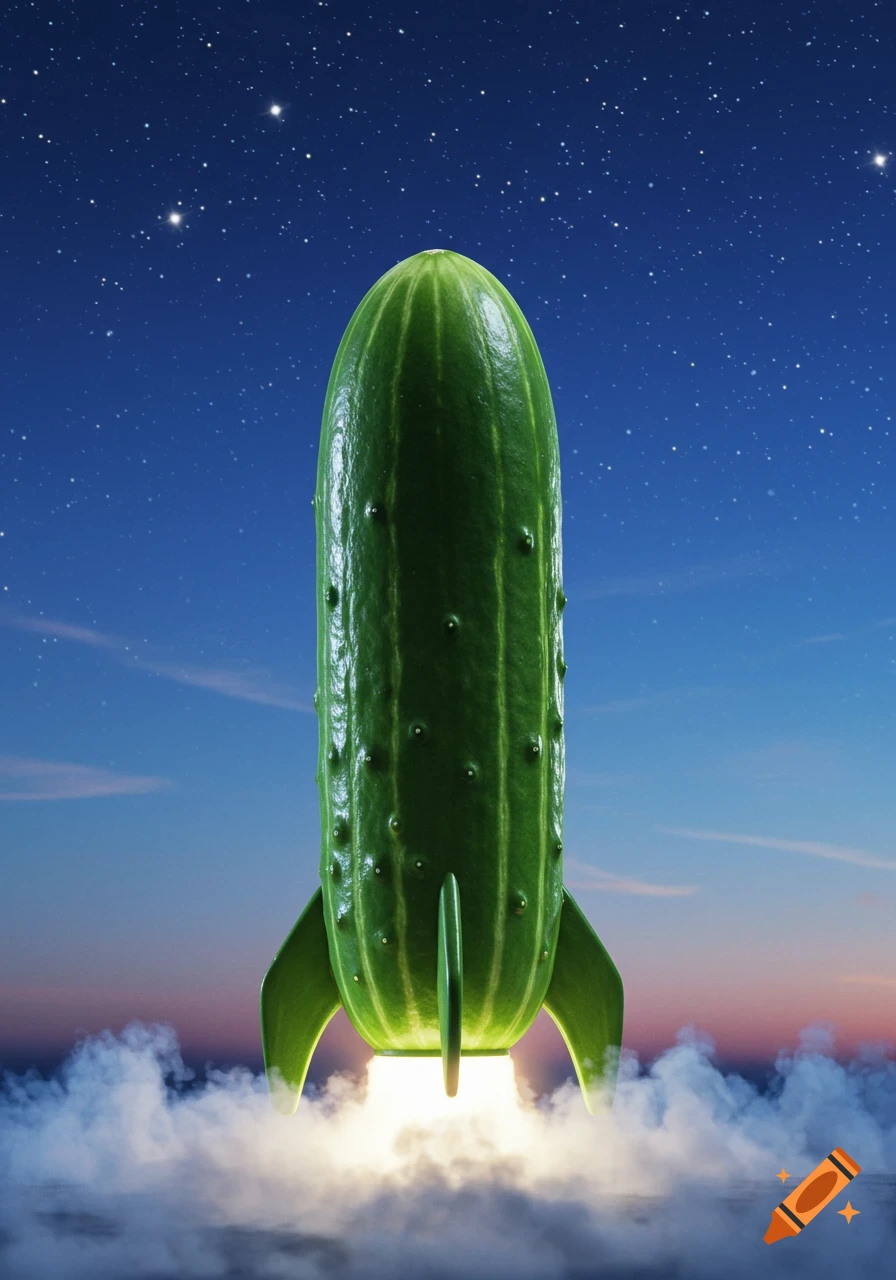 A green cucumber-shaped rocket launches into a starry night sky with ...