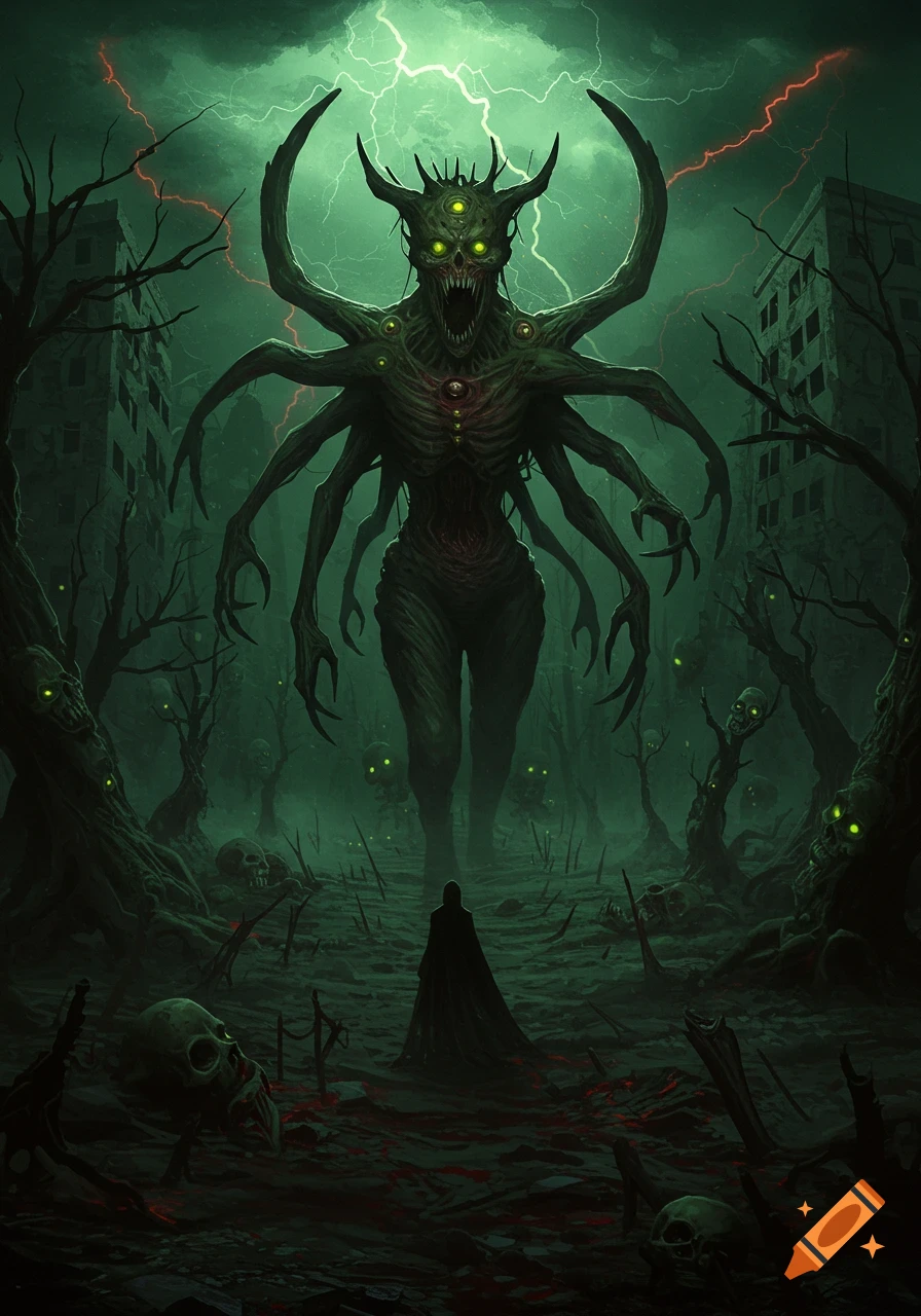 A monstrous creature with three heads, nine glowing eyes, eight arms ...