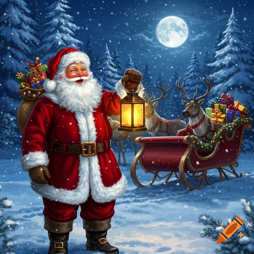 Illustrated Santa Claus rides a red bicycle with a basket of gifts through a snowy forest at ...