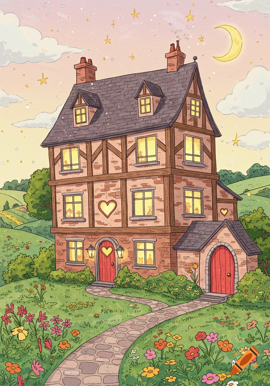Whimsical cartoon illustration of a tall, magical house with red doors ...