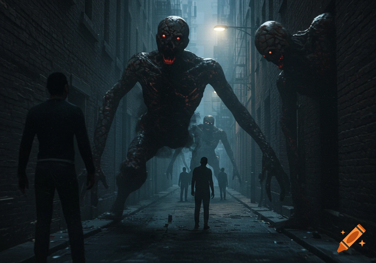 Horror movie poster of a terrified man crouching in a dark alley ...