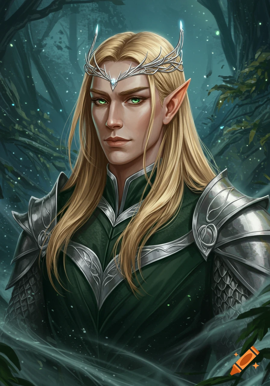 A detailed digital painting of a blonde male elf with green eyes ...