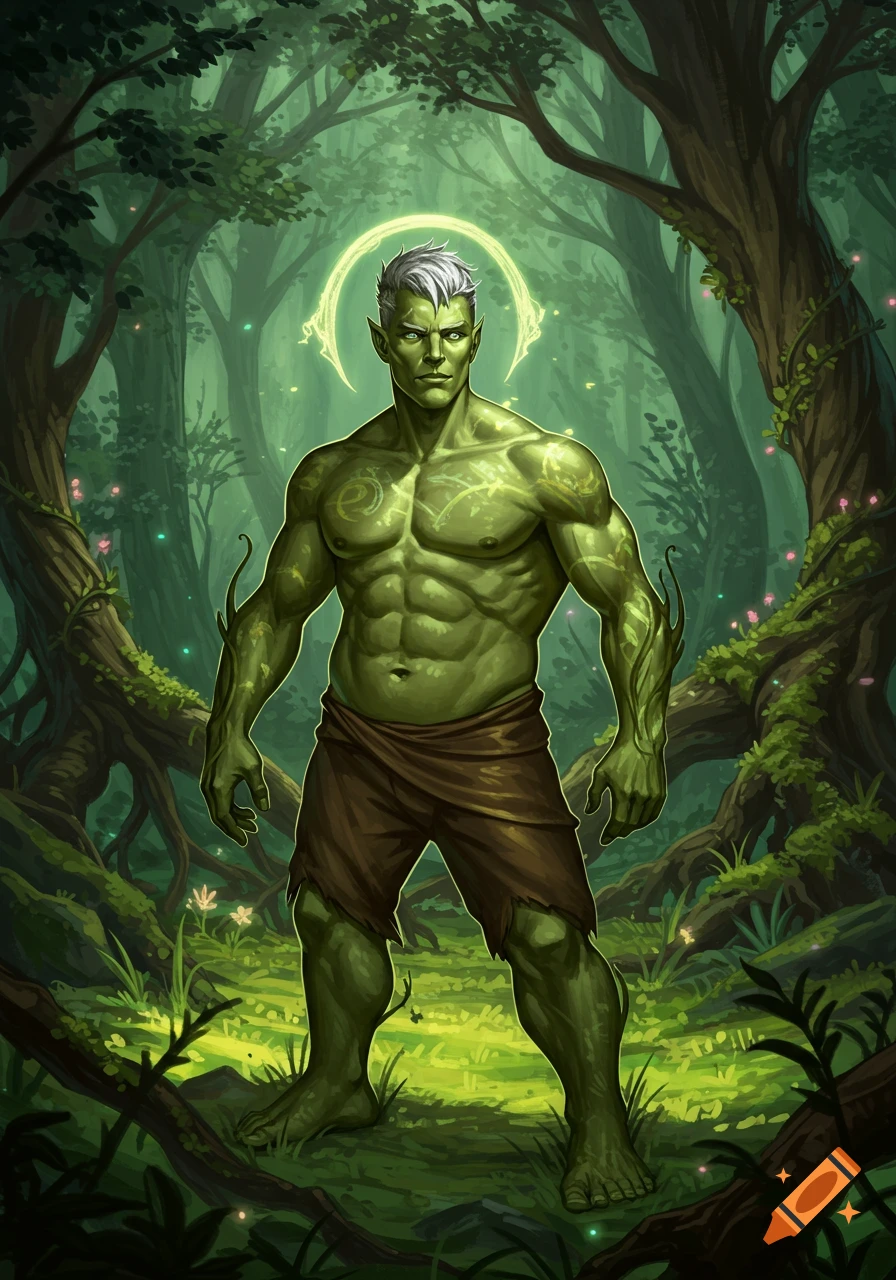 A muscular, green-skinned male fantasy character with pointed ears and ...