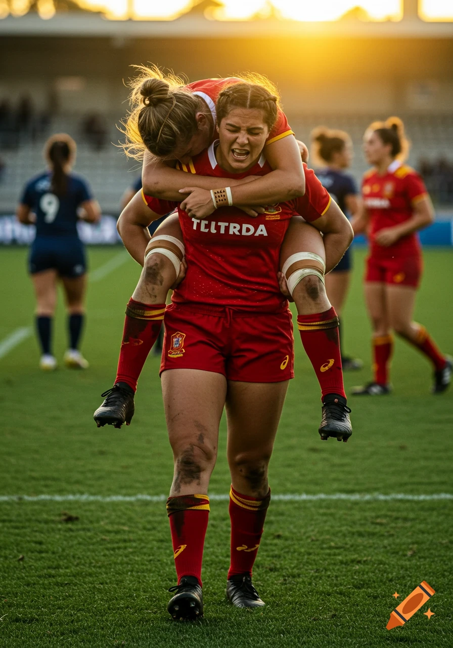 Two photorealistic female rugby players in white uniforms, one carrying ...