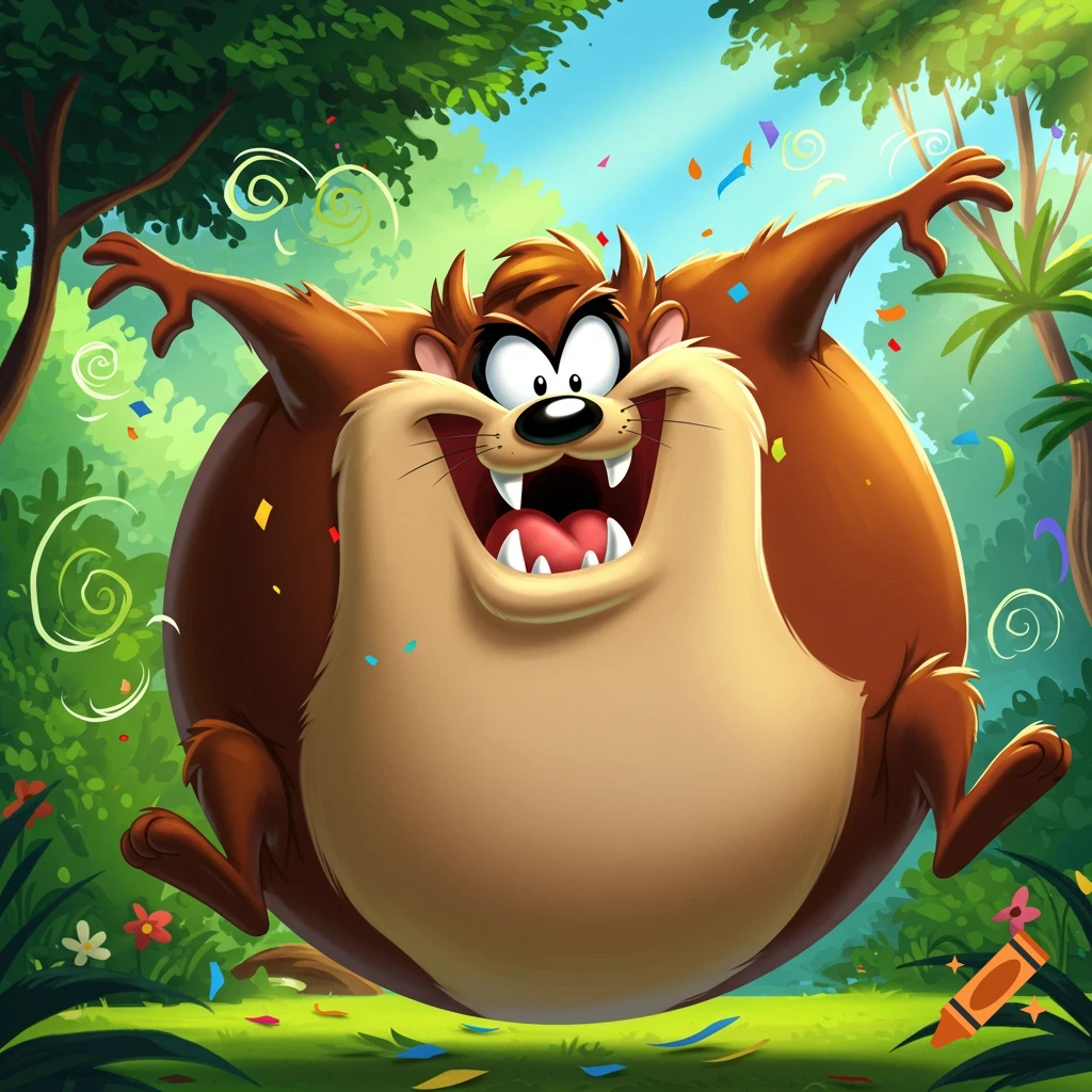 An inflated, round Taz the Tasmanian Devil laughs joyfully in a vibrant ...