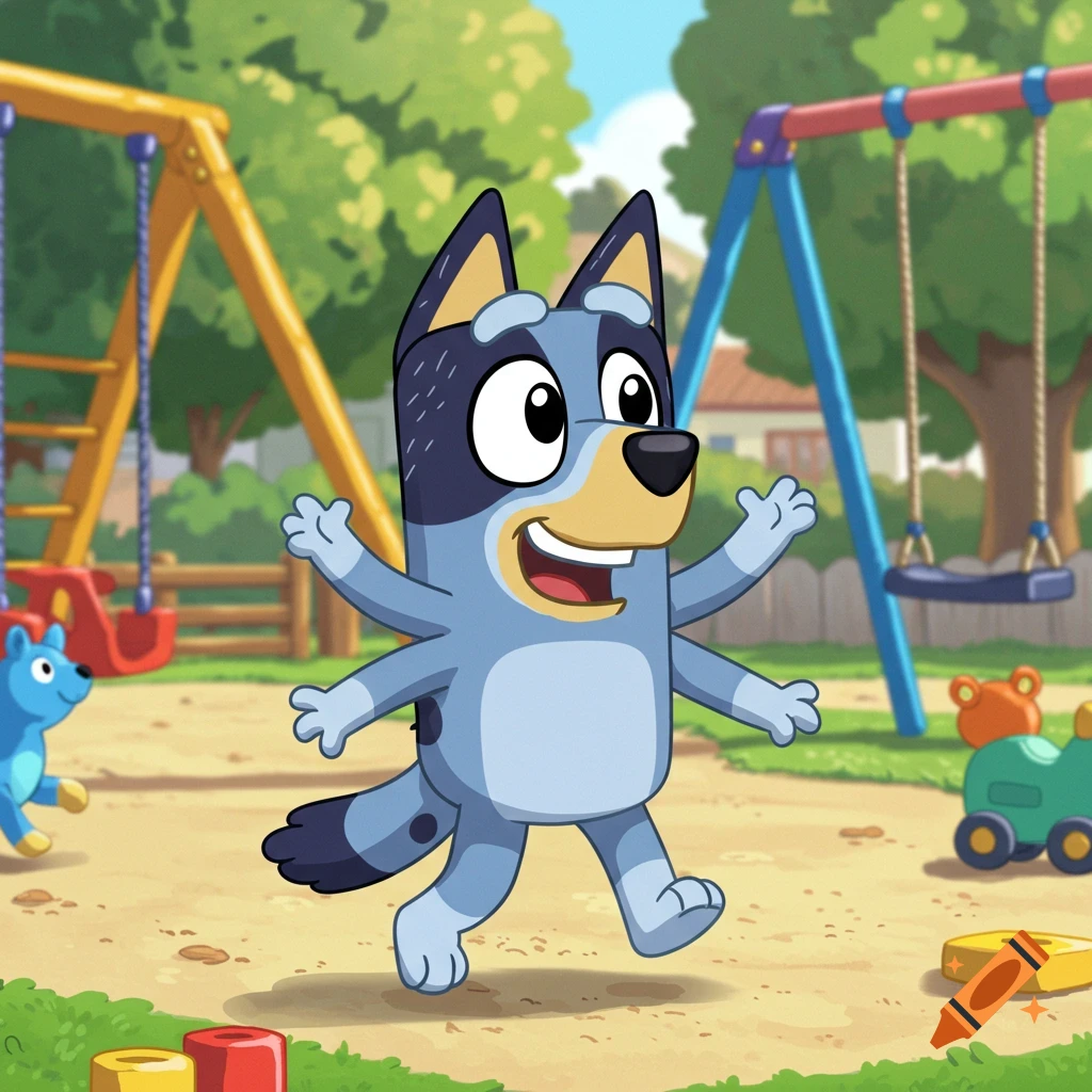 Bluey, a blue dog cartoon character, with five legs, stands smiling in ...