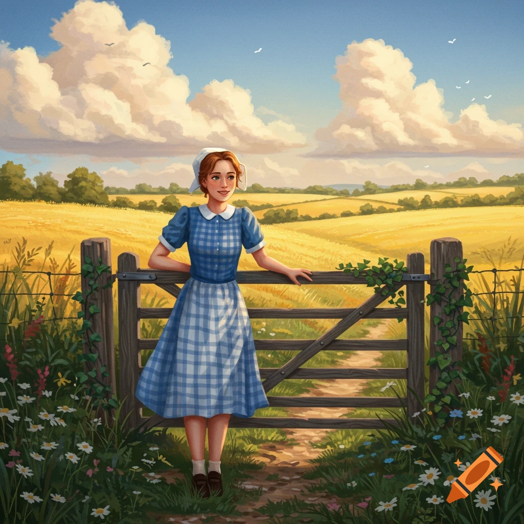 A young girl in traditional Dutch attire stands in a vibrant field of ...