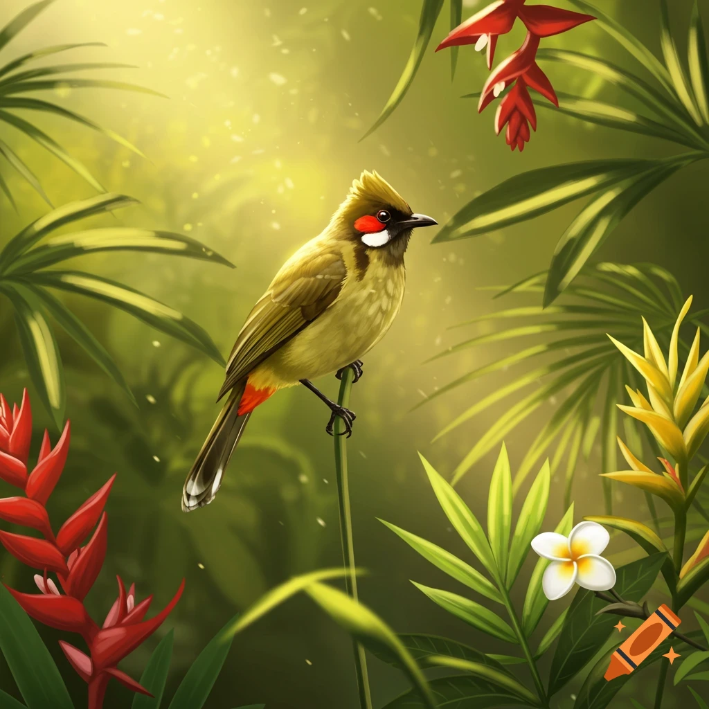 A bulbul bird with red cheek patches and yellow crest perches on a stem ...