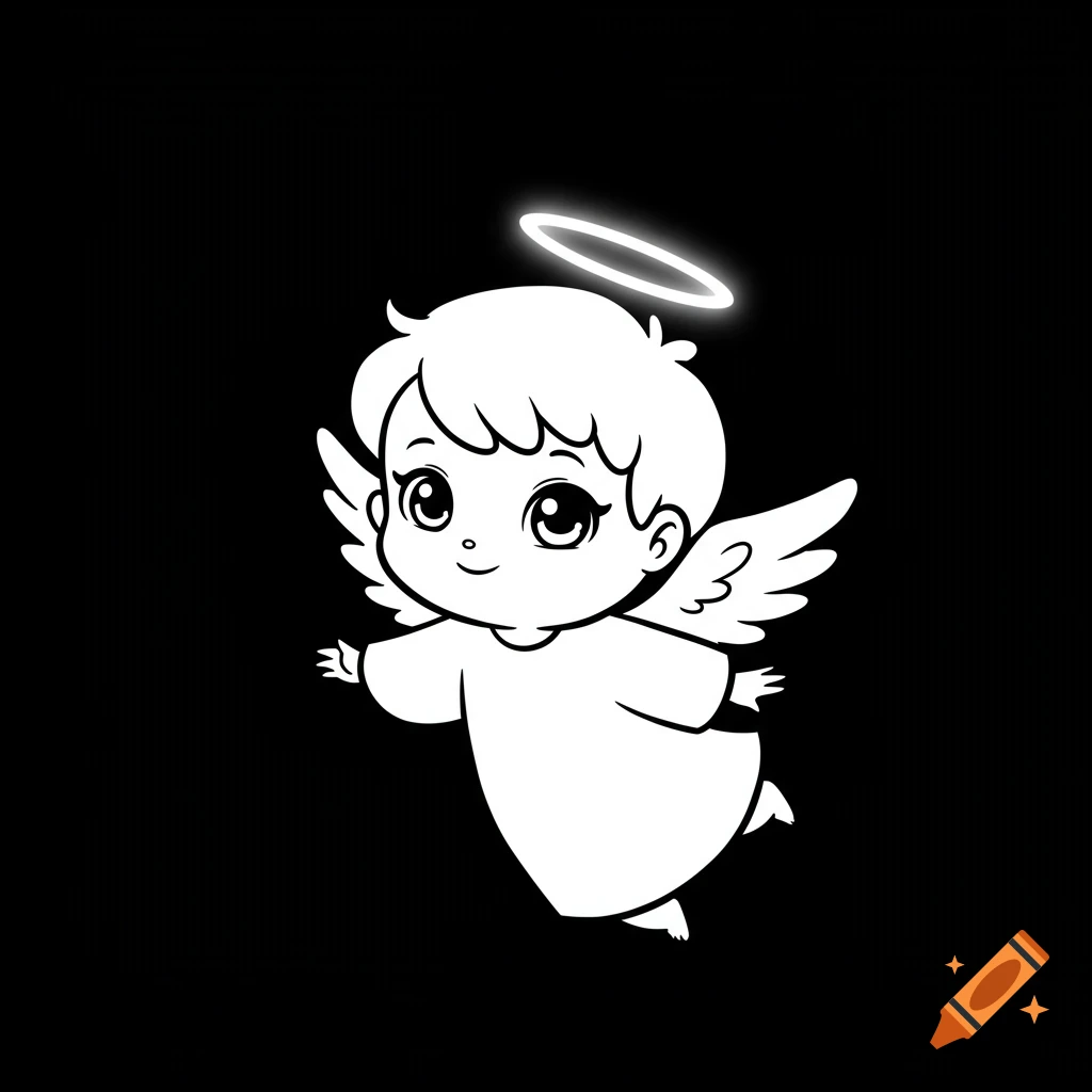 Black and white line art coloring page of a cute cartoon angel with a ...