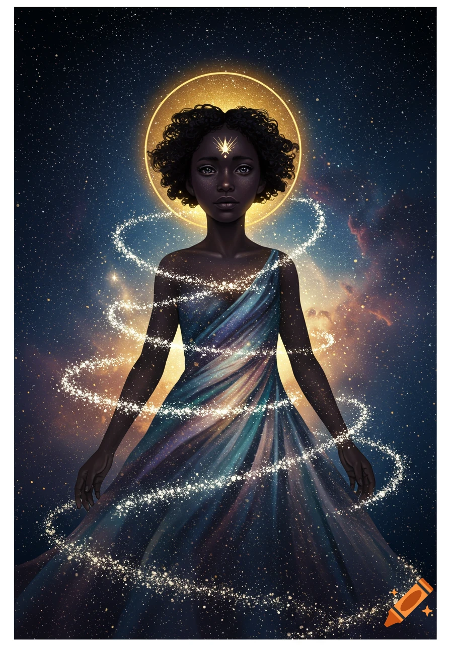 Stylized illustration of a woman's silhouette weaving shimmering ...