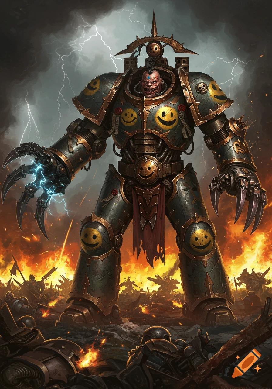 A monstrous Warhammer 40k warboss with a grotesque face in heavily ...