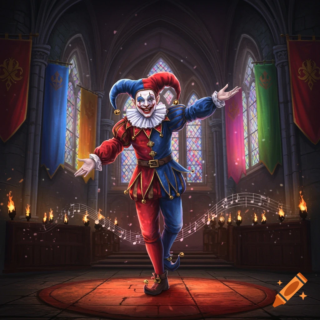 A colorful jester performs on a spotlighted stage in a grand, medieval ...
