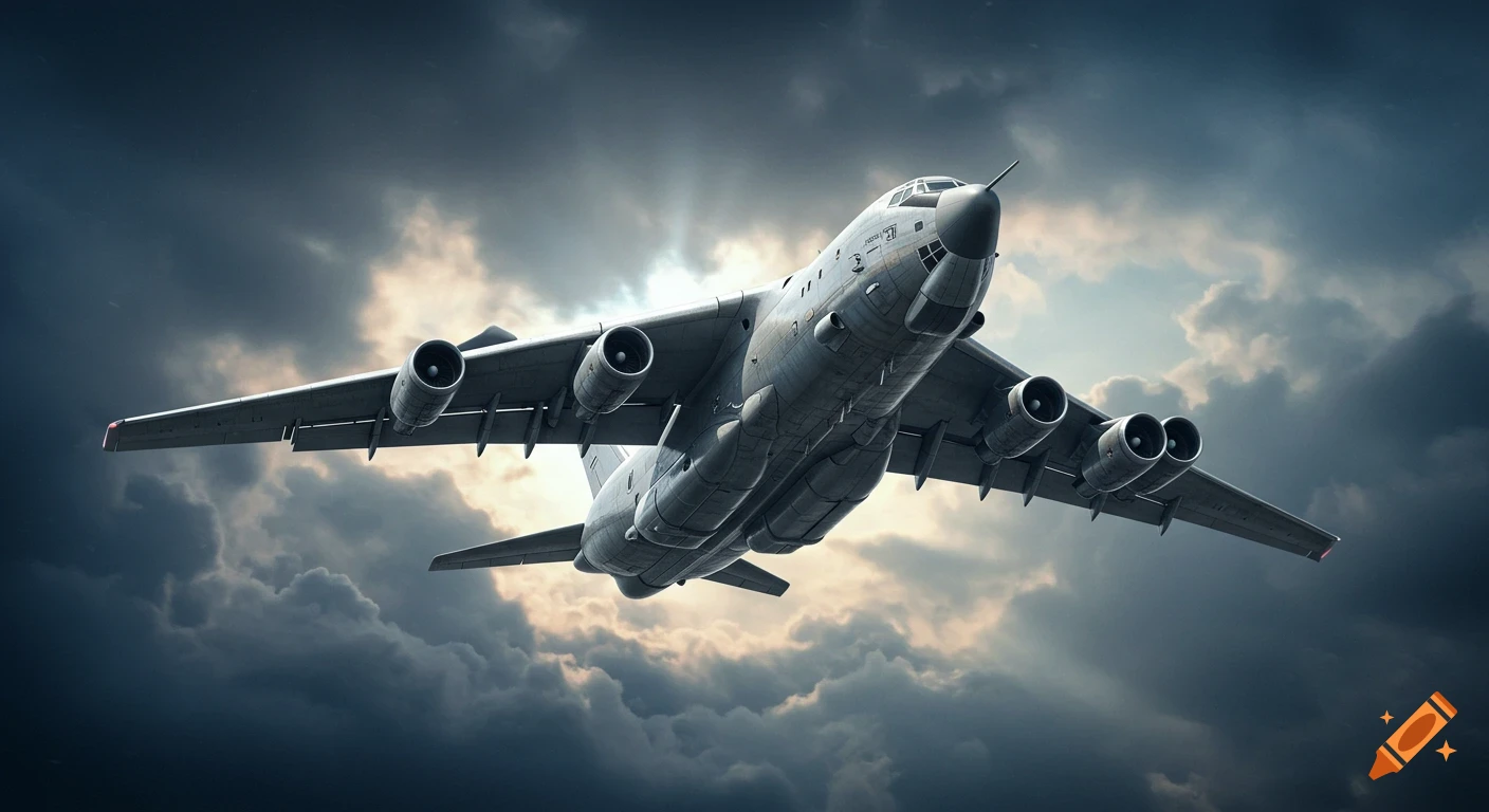 A photorealistic low-angle view of a large military cargo aircraft ...