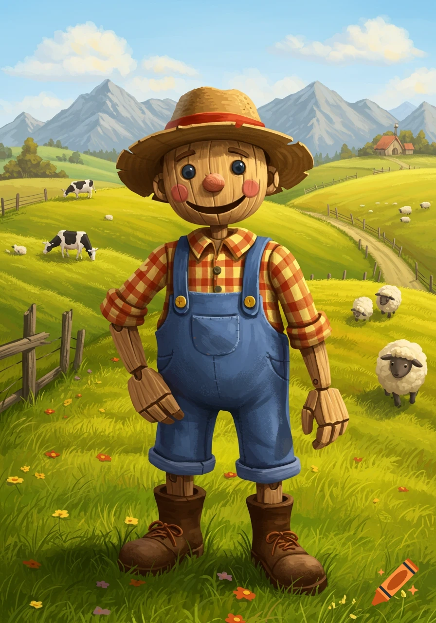 An illustration of a wooden puppet farmer, like Pinocchio, in a green ...