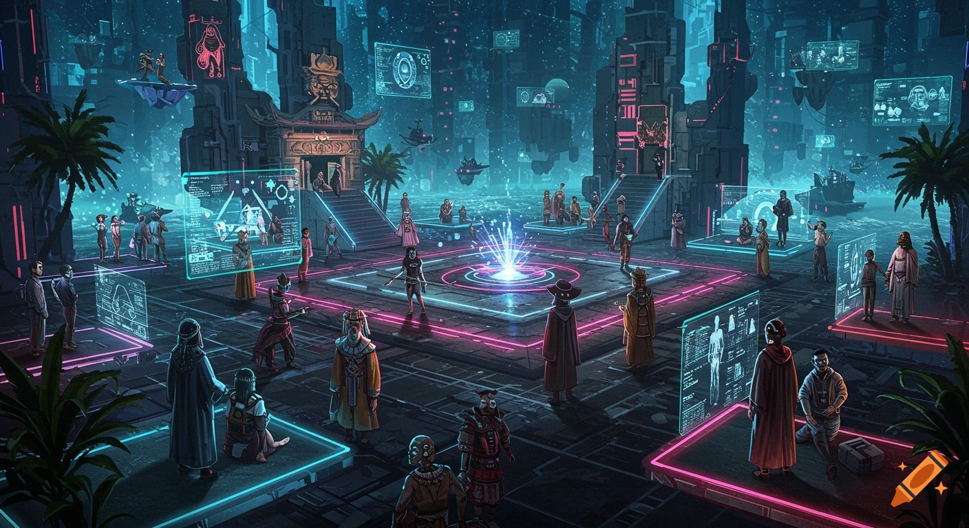 A surreal, M.C. Escher-style futuristic city at sunset, with complex ...